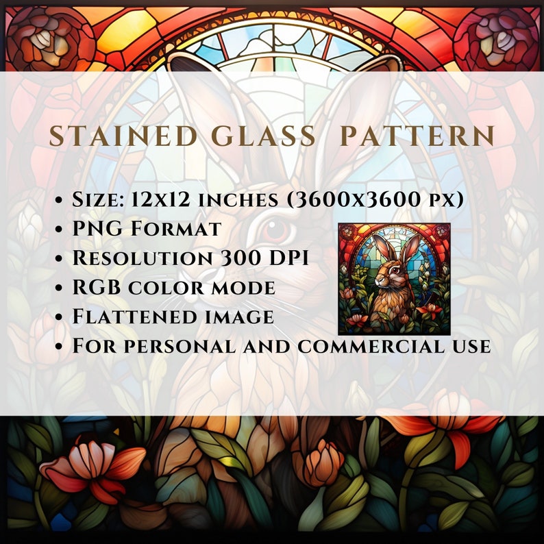 Rabbit Stained Glass Pattern, Sublimation Designs, Stained Glass PNG ...