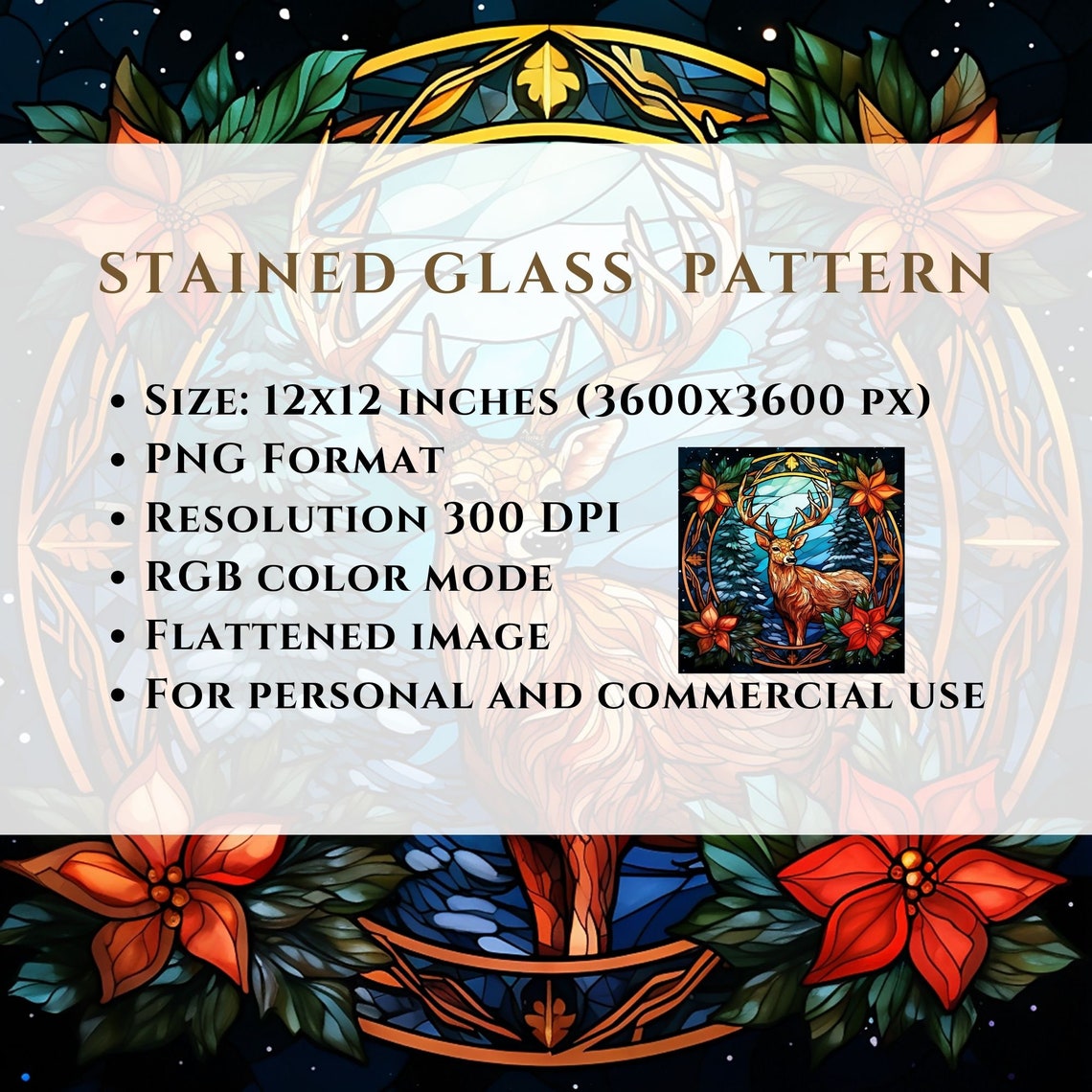 Reindeer Christmas Motifs Stained Glass Pattern, Sublimation Designs ...