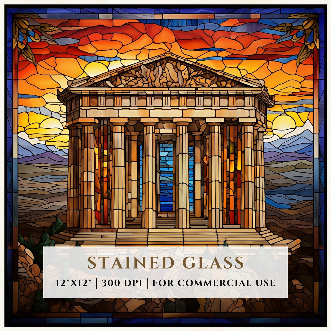 Scenic Athens Parthenon Stained Glass Pattern, Greece, Sublimation ...