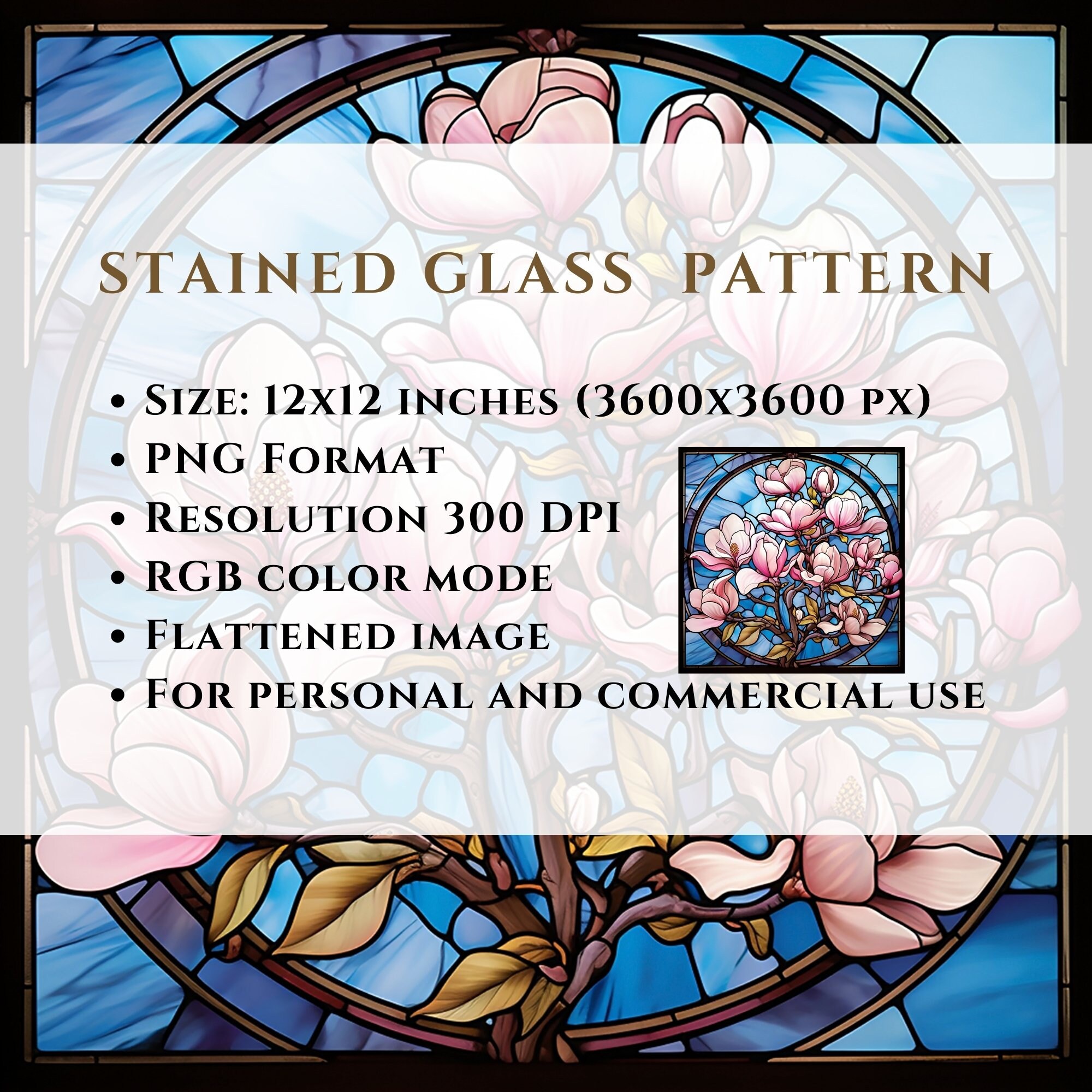 Magnolia Blossom Stained Glass Pattern, Sublimation Designs, Stained ...