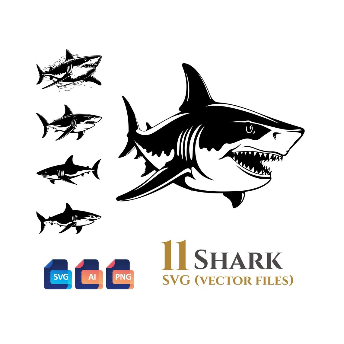 11 Shark Svg Vector Clipart Bundle, Transparent Background, Instant ...