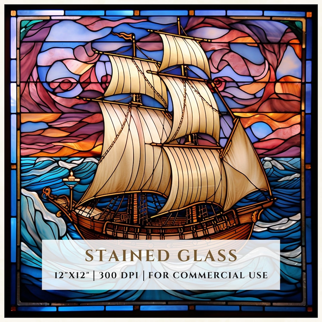 Sailing Ship Stained Glass Pattern, Ocean Waves, Sublimation Designs ...