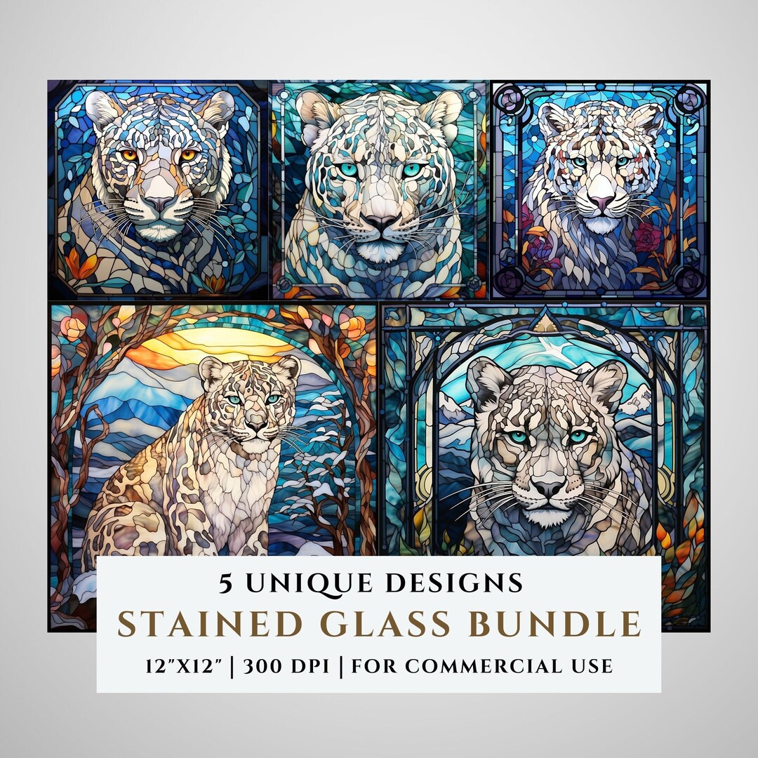 5 Snow Leopard Stained Glass Pattern Bundle, Sublimation Designs ...