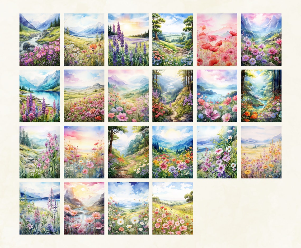 22 Wildflowers Printable Digital Paper Bundle, Watercolor, Letter Size ...