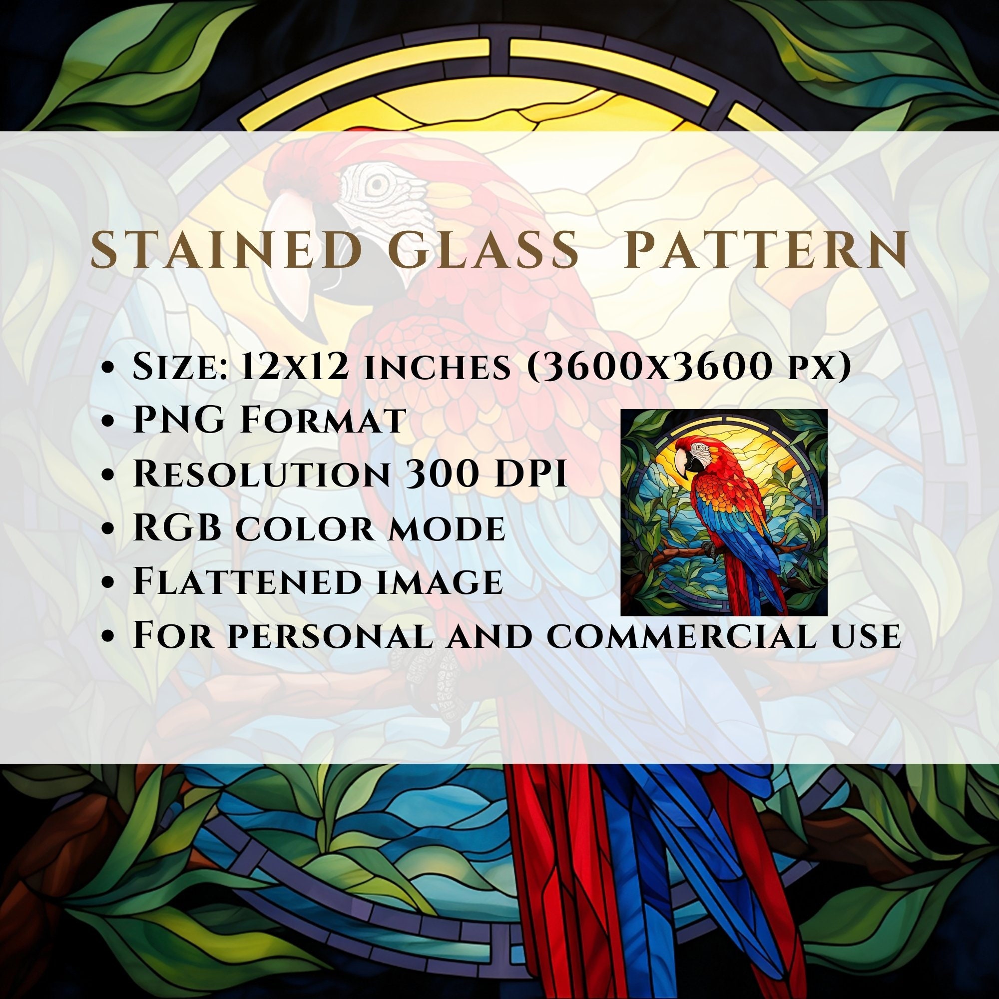 Scarlet Macaw Bird Stained Glass Pattern, Sublimation Designs, Stained ...