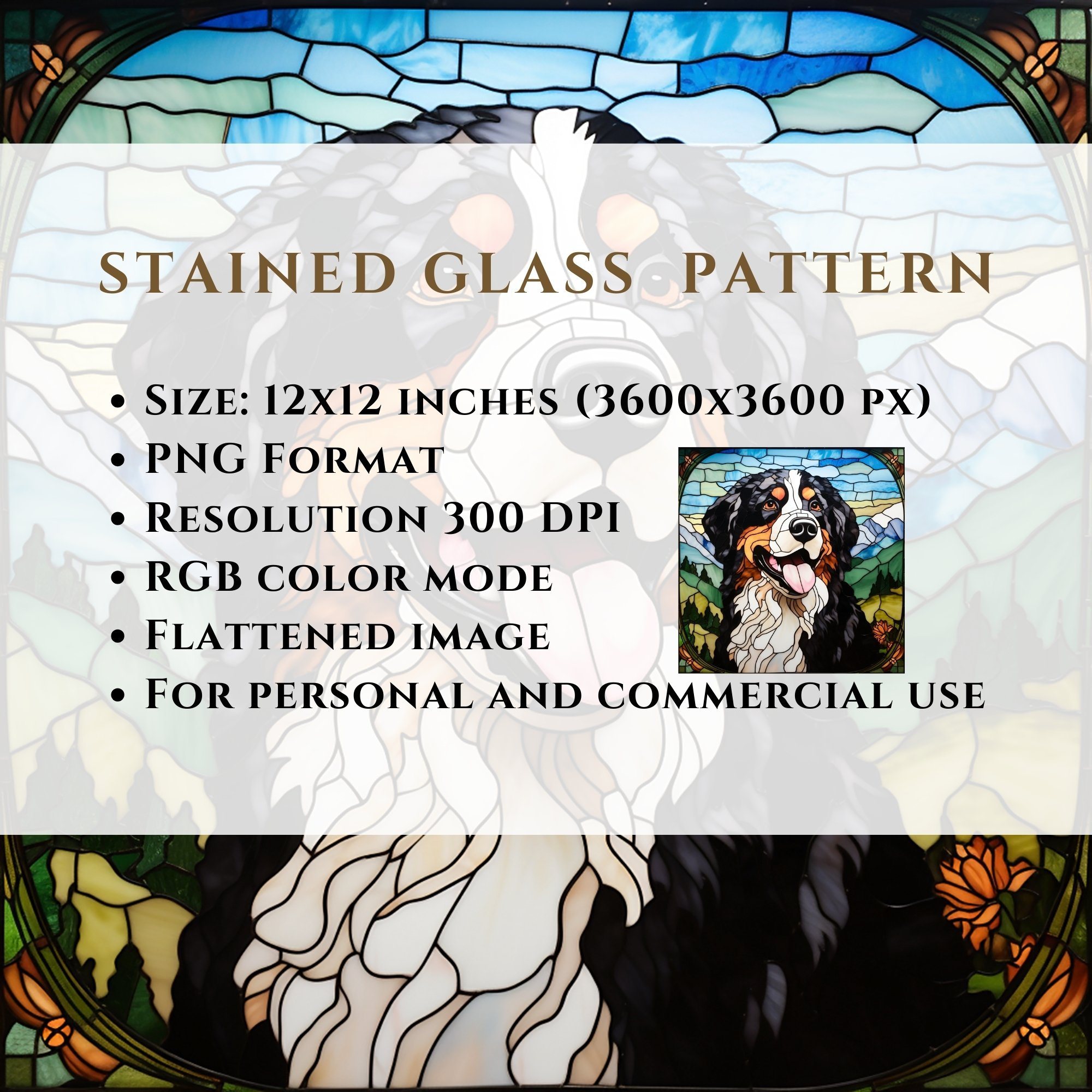 Bernese Mountain Dog Stained Glass Pattern, Sublimation Designs ...