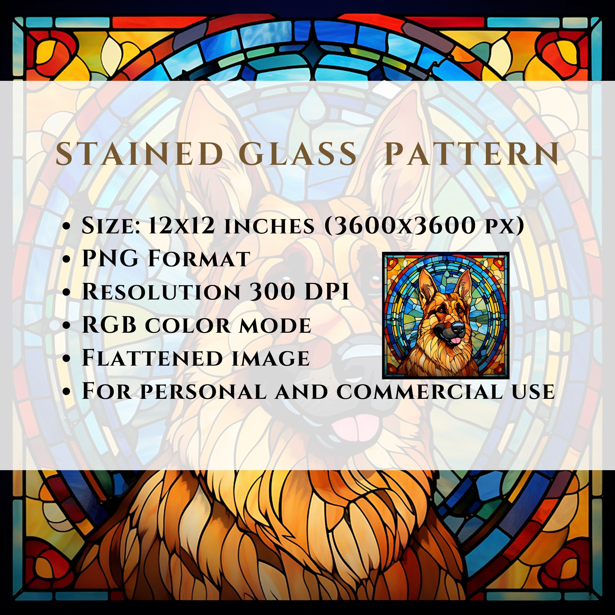 German Shepherd Dog Stained Glass Pattern, Sublimation Designs, Stained ...