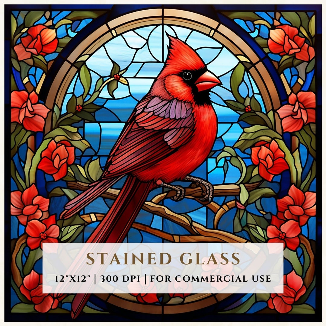 Red Cardinal Bird Stained Glass Pattern, Sublimation Designs, Stained ...