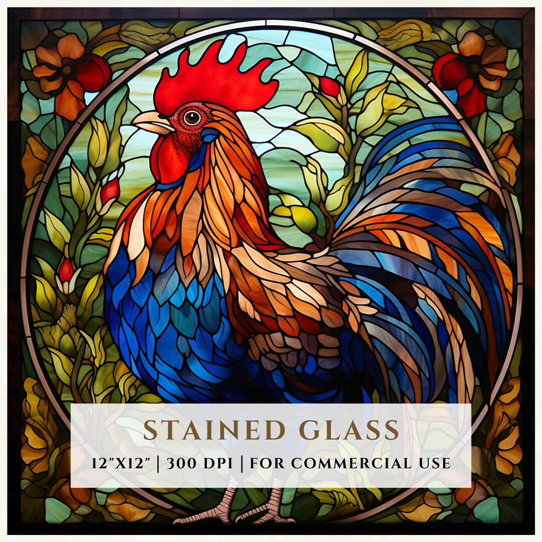 Rooster Stained Glass Pattern, Sublimation Designs, Stained Glass PNG ...