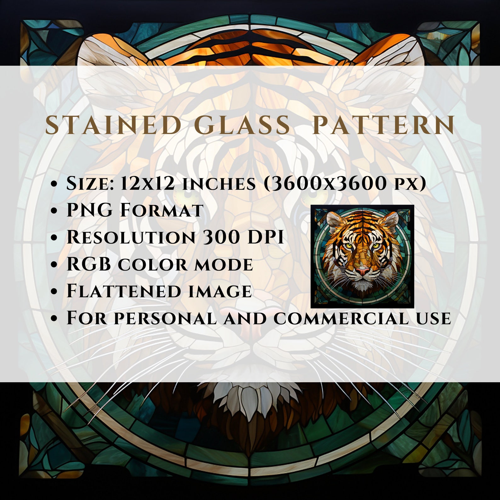 Tiger Stained Glass Pattern, Sublimation Designs, Stained Glass PNG ...