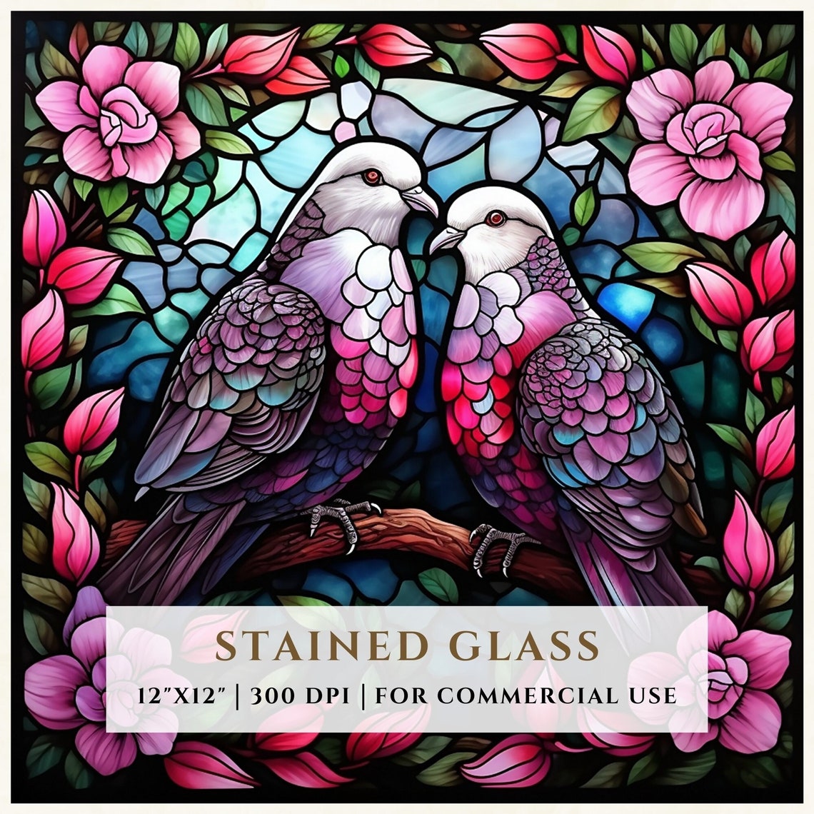 Valentine Doves Stained Glass Pattern, Sublimation Designs, Stained ...