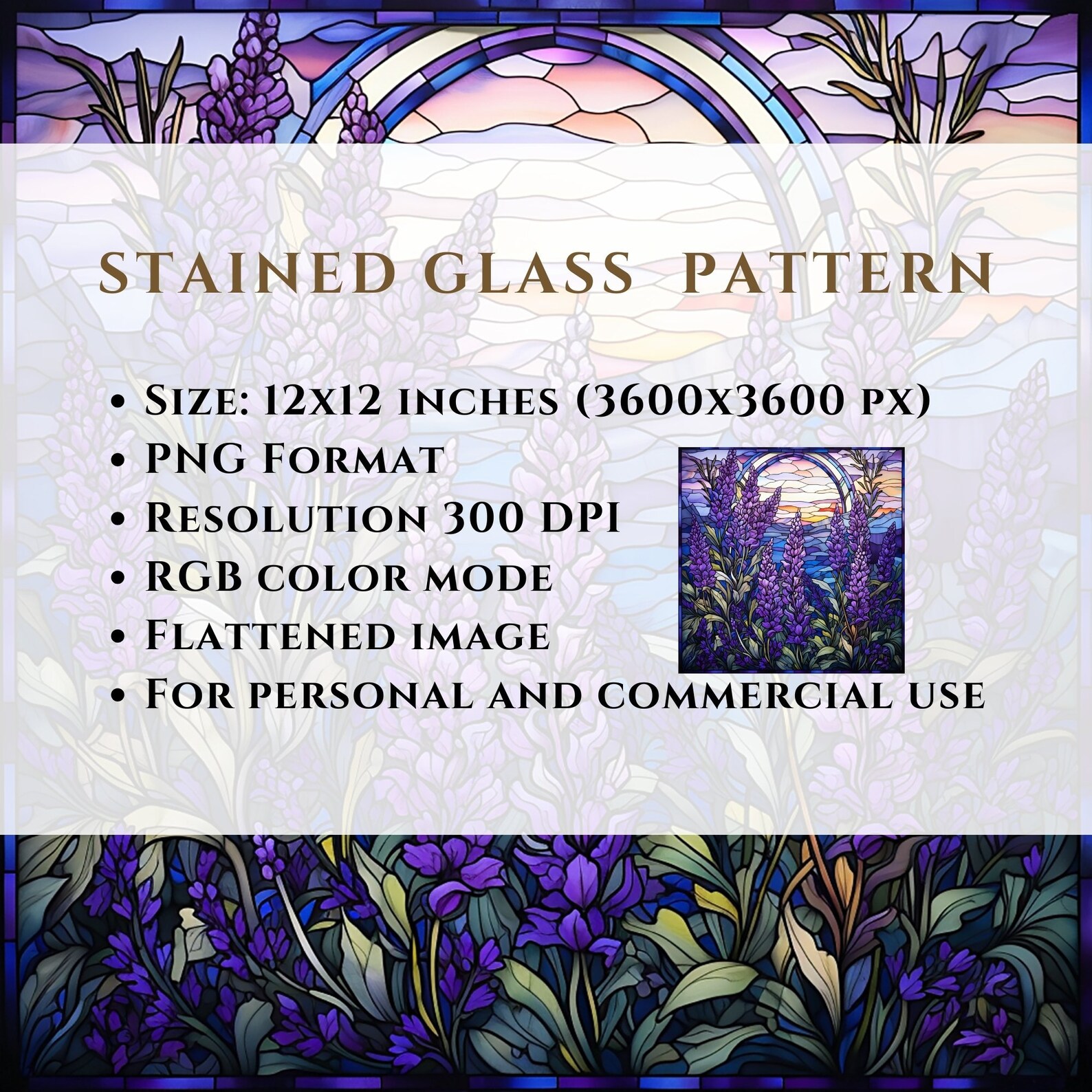 Lavender Stained Glass Pattern, Sublimation Designs, Stained Glass PNG ...