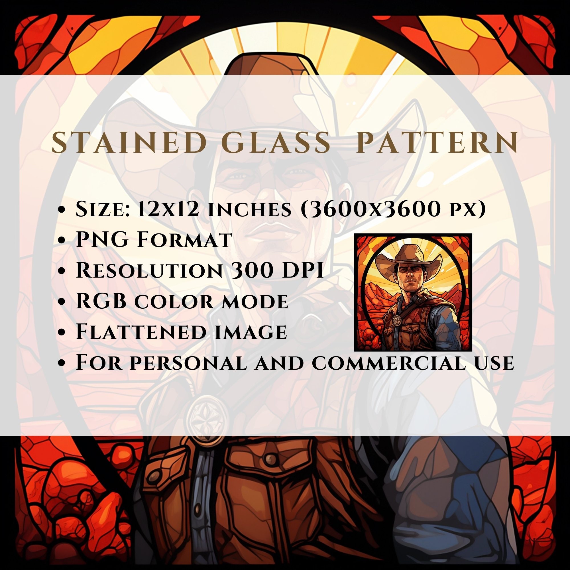 Cowboy Stained Glass Pattern Sublimation Designs Faux Stained Glass 0137