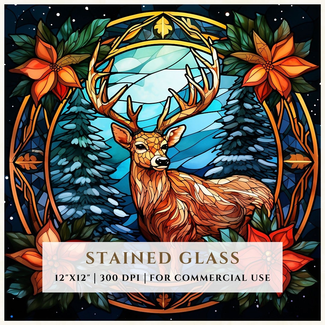 Reindeer Christmas Motifs Stained Glass Pattern, Sublimation Designs ...