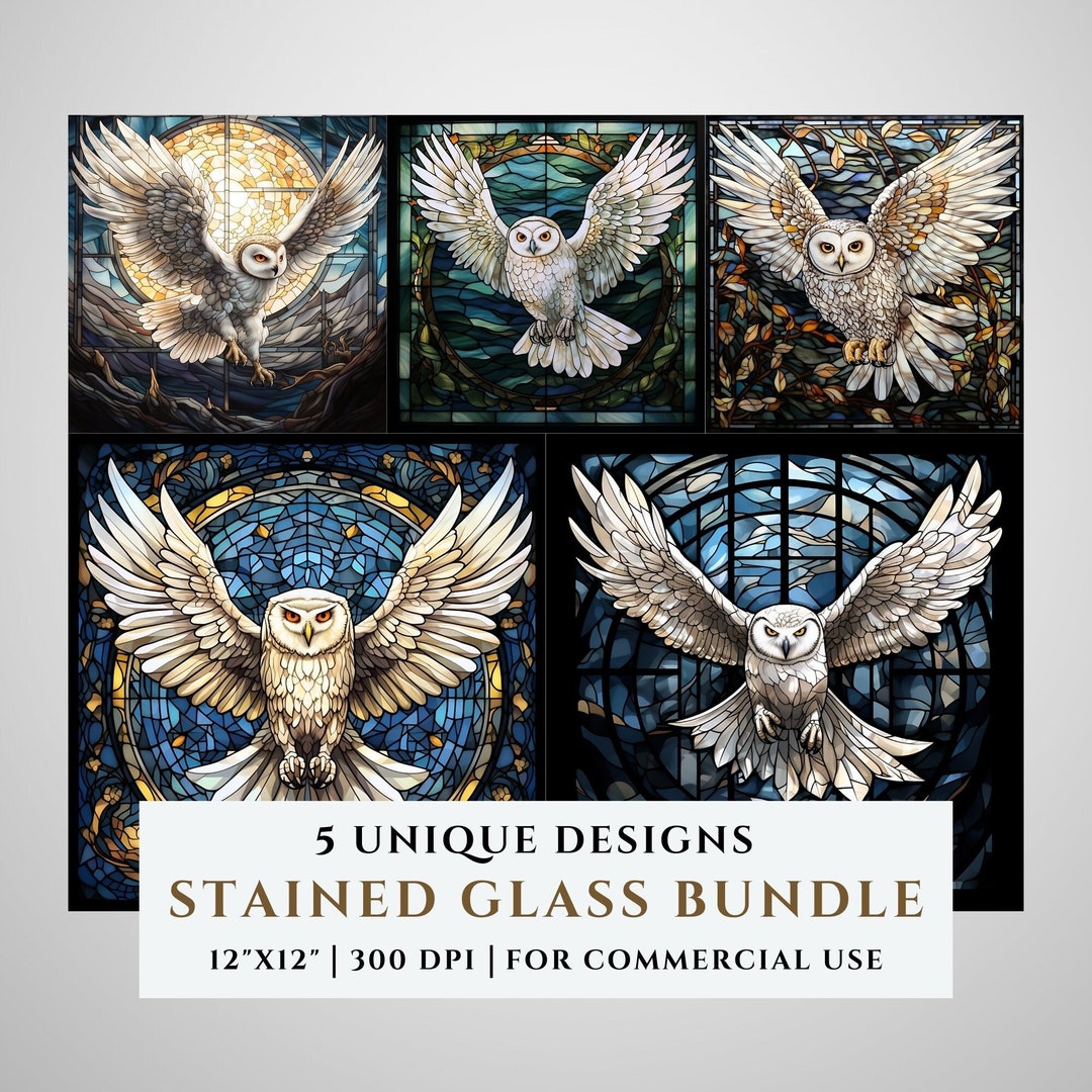 5 Snowy Owl Stained Glass Pattern Bundle, Sublimation Designs, Stained ...