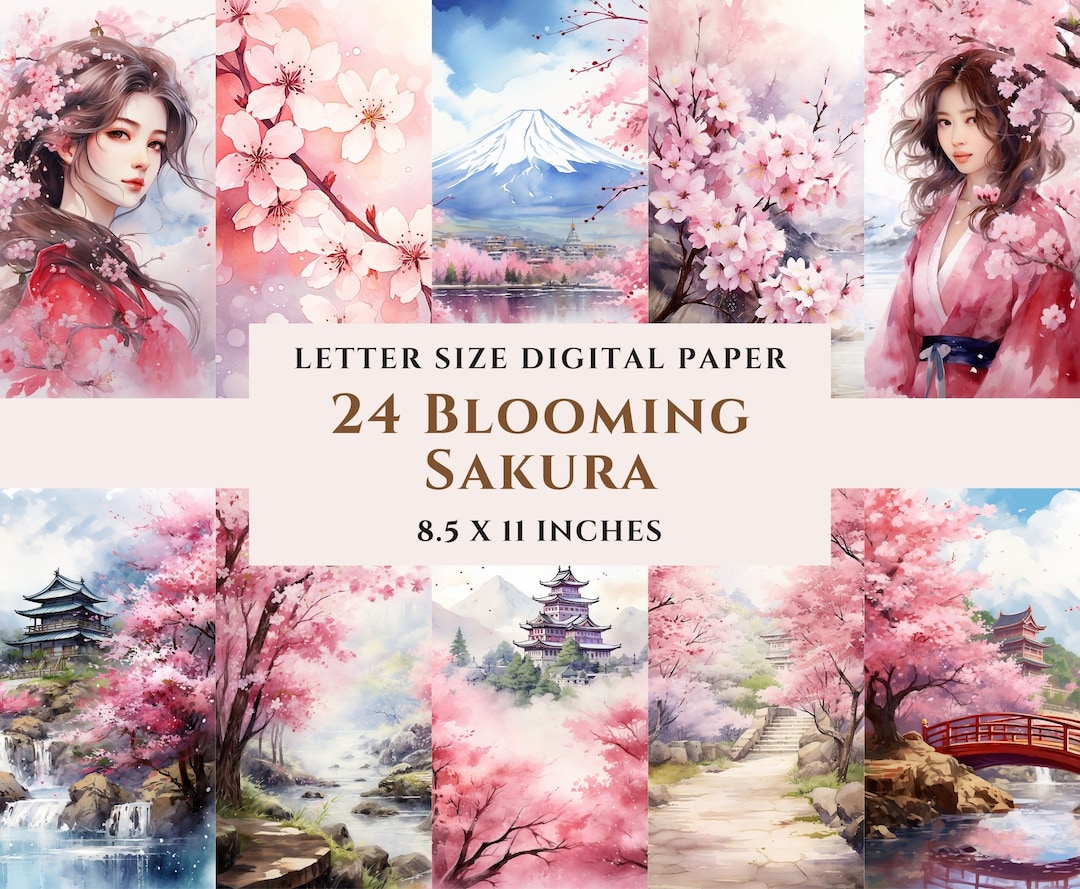 24 Blooming Sakura Printable Digital Paper Bundle, Watercolor, Japan ...