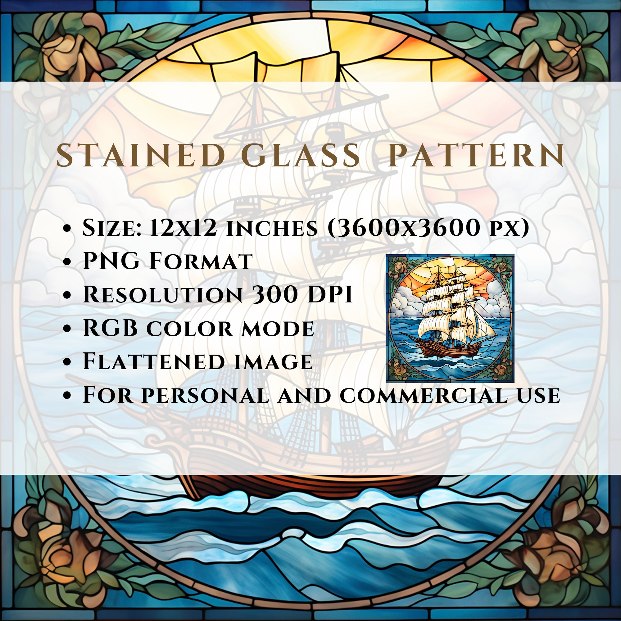 Sailing Ship Stained Glass Pattern, Ocean Waves, Sublimation Designs ...