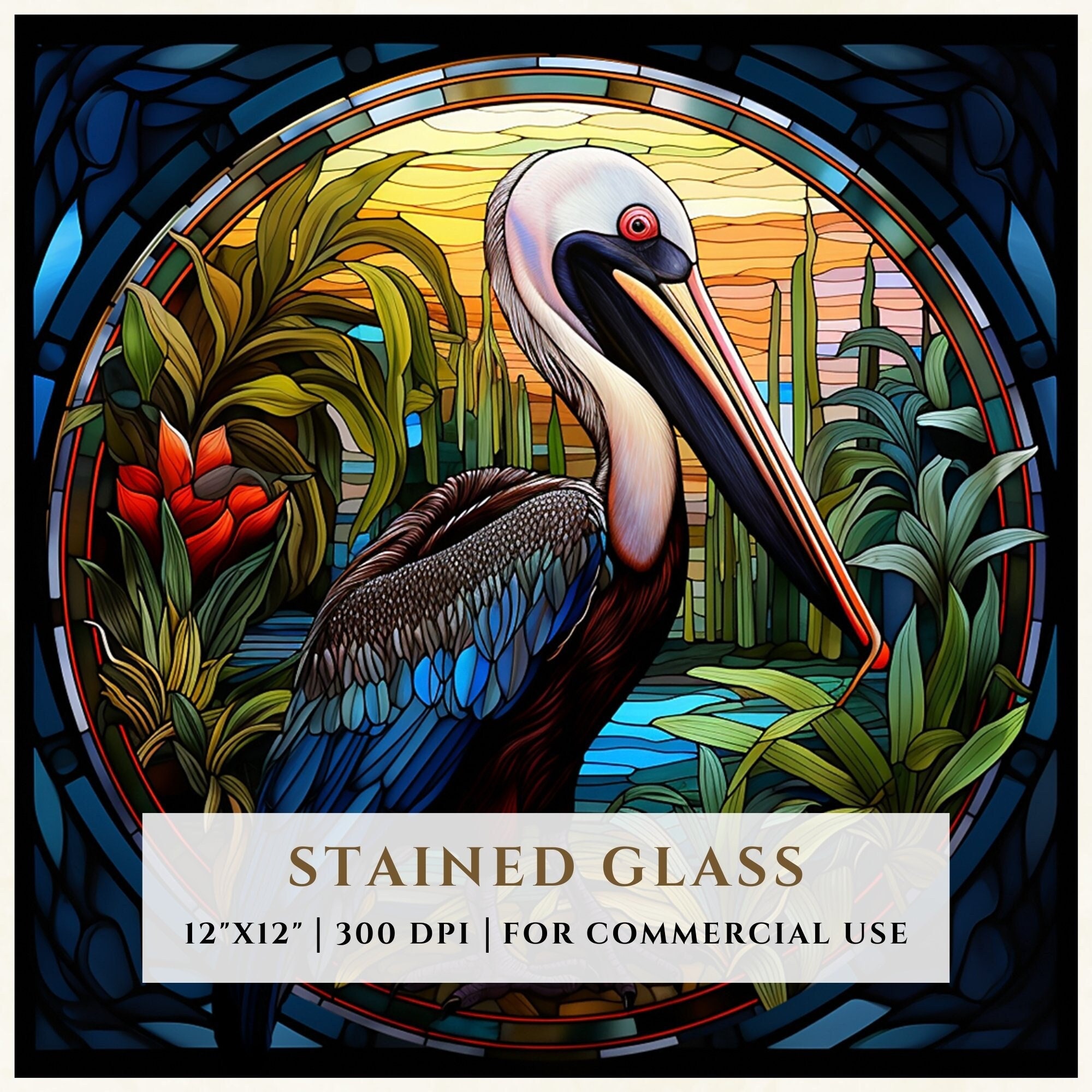 Pelican Bird Stained Glass Pattern, Sublimation Designs, Stained Glass ...