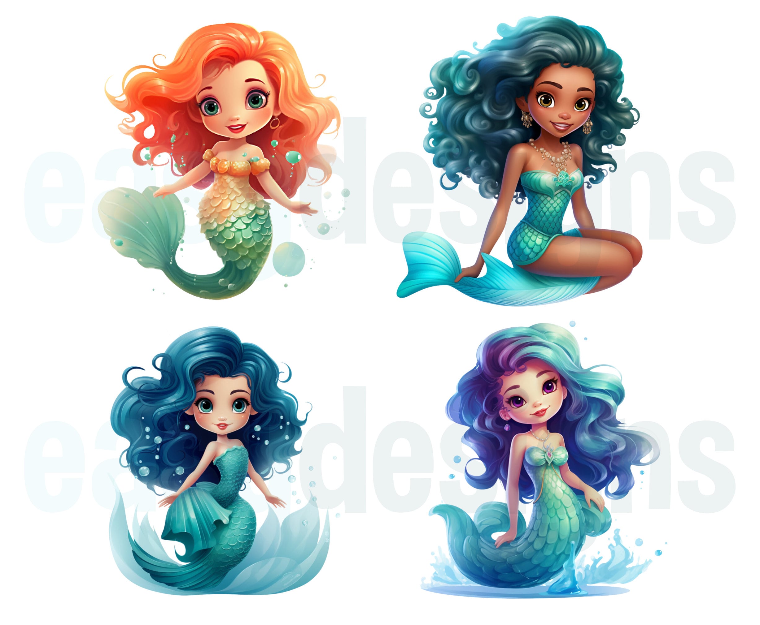 16 Cute Mermaids Clipart Bundle, Fantasy Art, Transparent Background ...