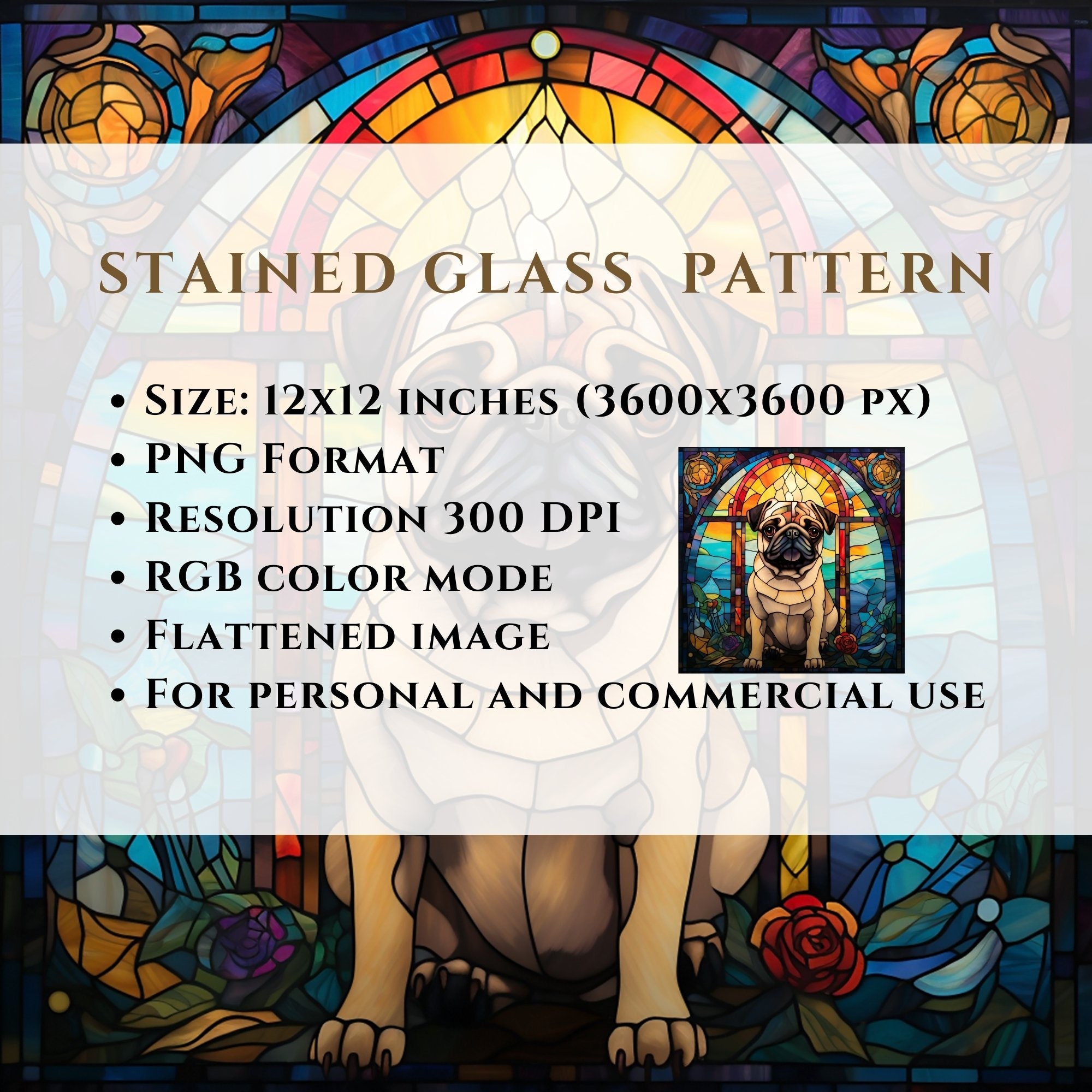 Pug Dog Stained Glass Pattern, Sublimation Designs, Stained Glass PNG ...