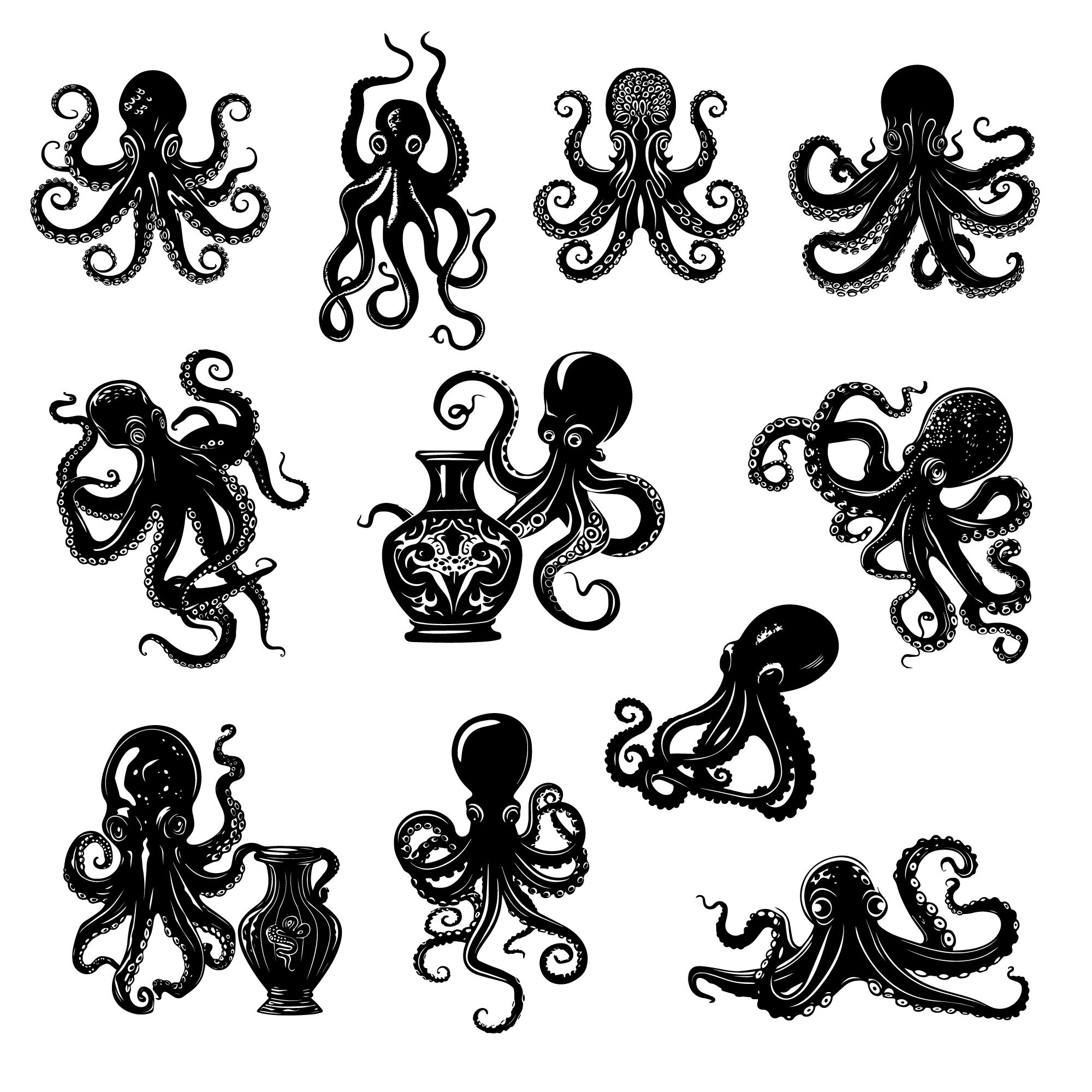 11 Octopus Svg Vector Clipart Bundle, Transparent Background, Instant ...