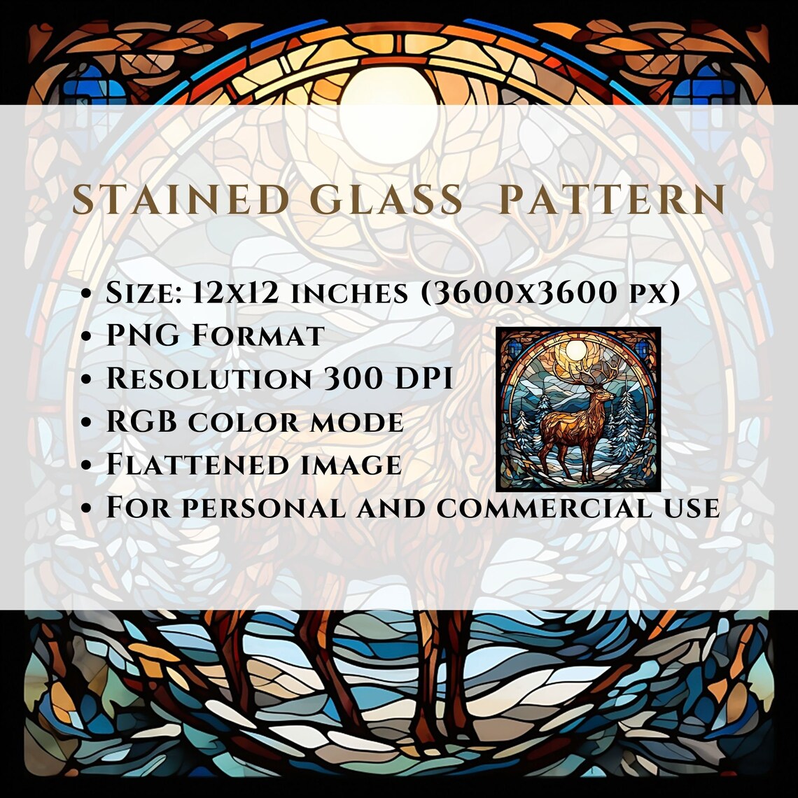 Reindeer Stained Glass Pattern, Sublimation Designs, Stained Glass PNG ...