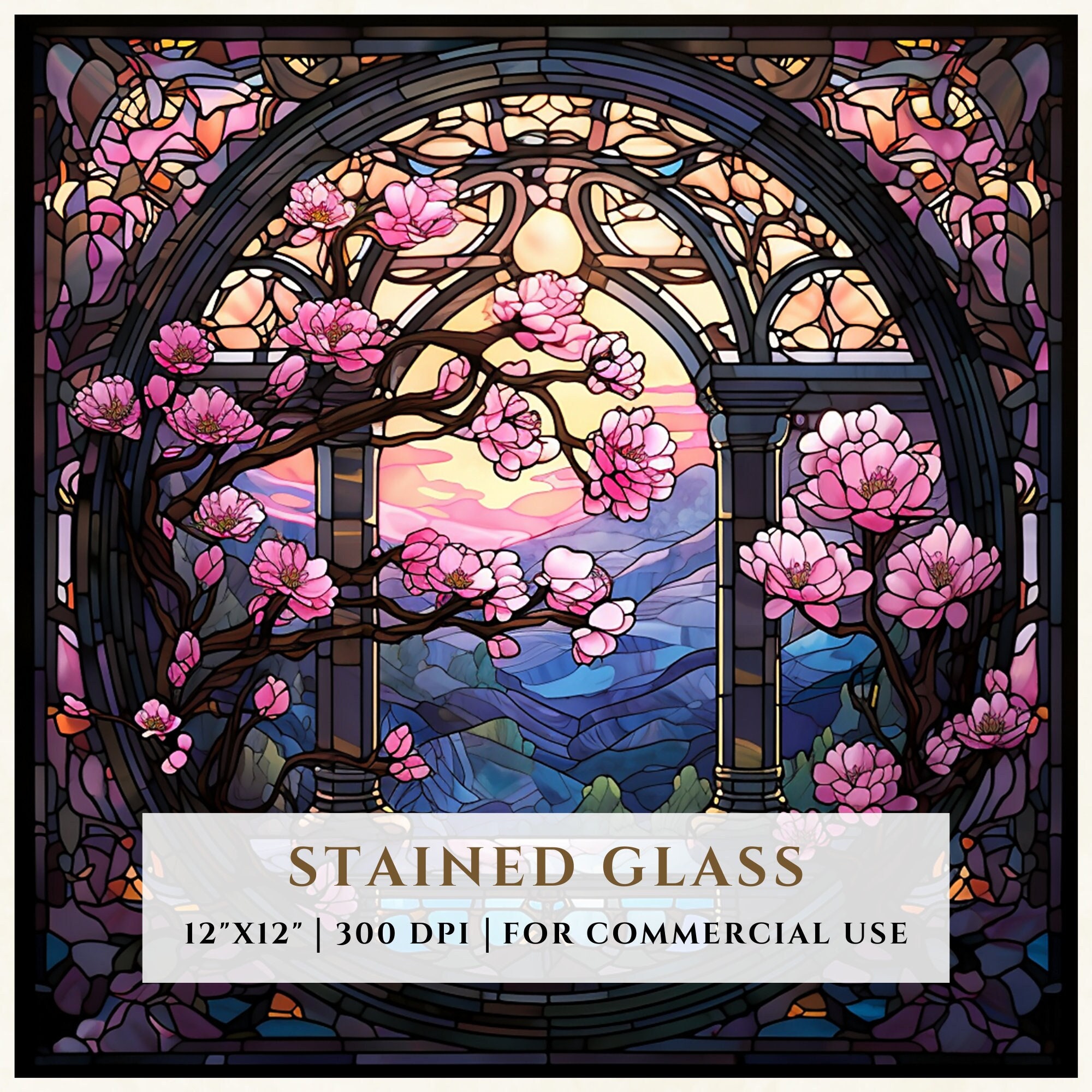 Cherry Blossom Stained Glass Pattern, Sublimation Designs, Stained ...