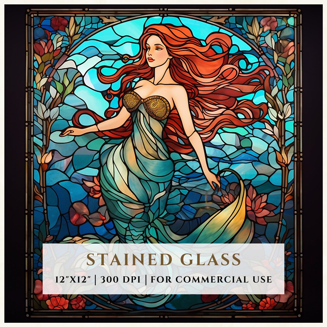 Mermaid Stained Glass Pattern, Sublimation Designs, Stained Glass PNG ...