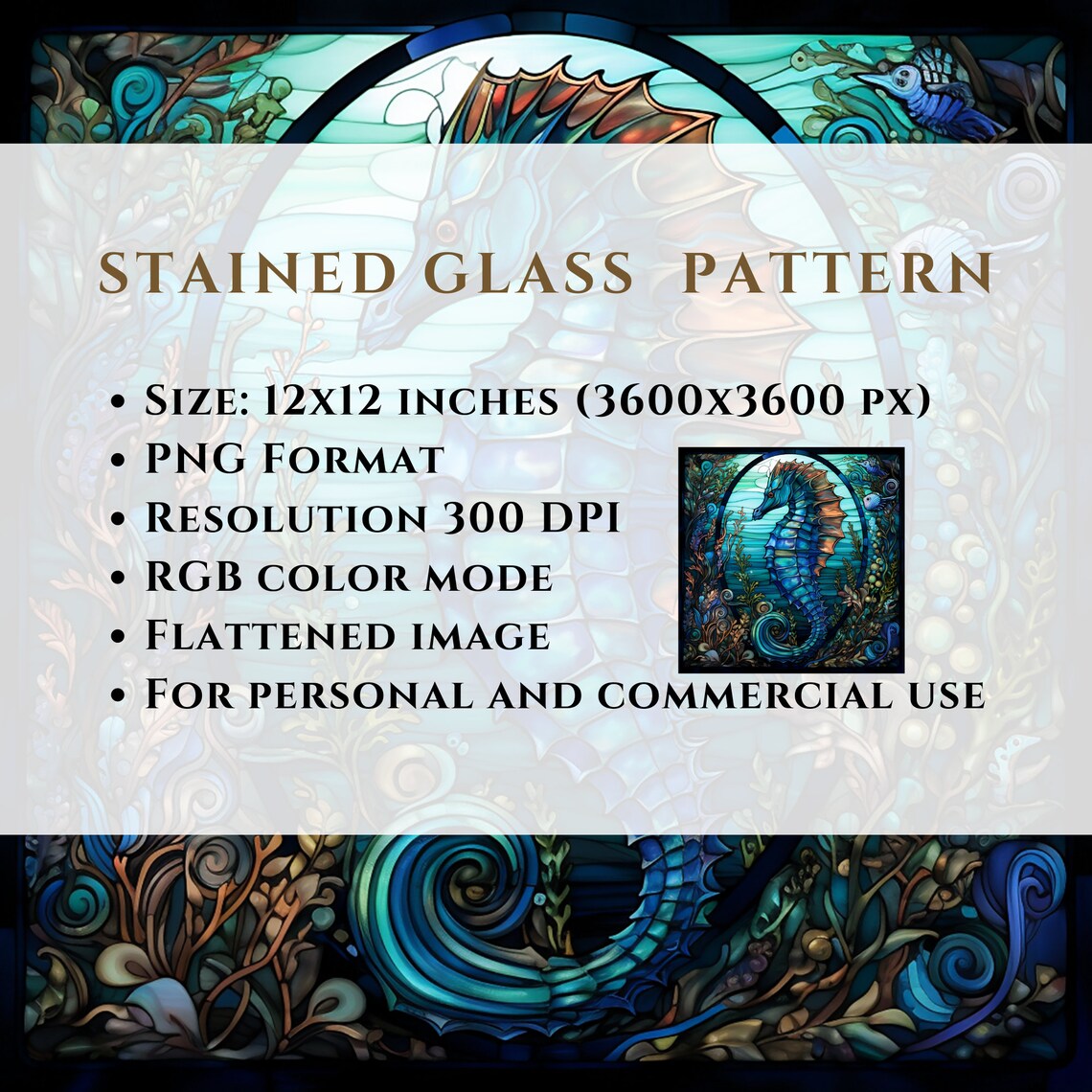 Seahorse Stained Glass Pattern, Sublimation Designs, Stained Glass PNG ...