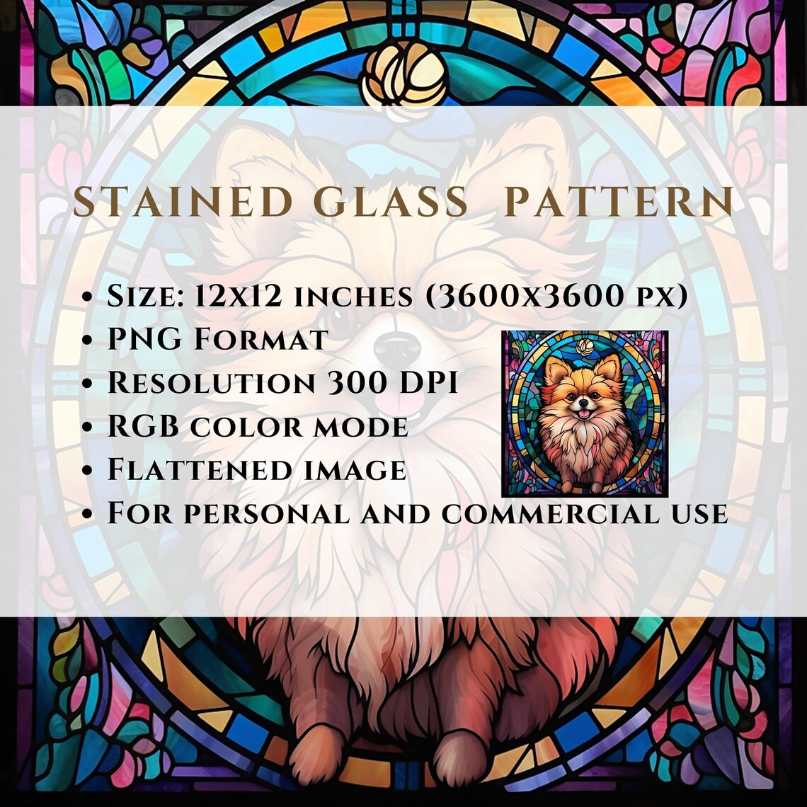 Pomeranian Dog Stained Glass Pattern, Sublimation Designs, Stained ...