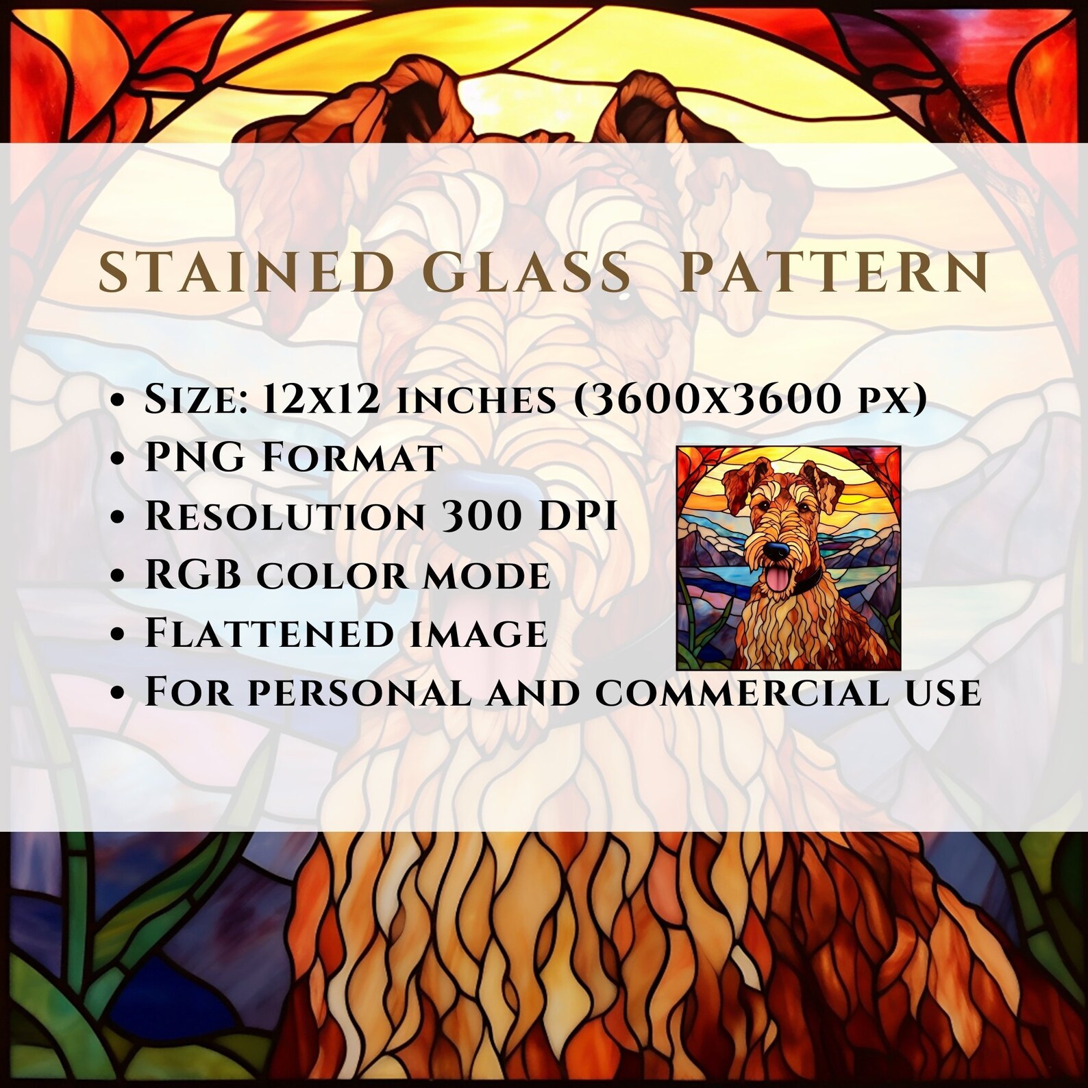 Airedale Terrier Dog Stained Glass Pattern, Sublimation Designs ...