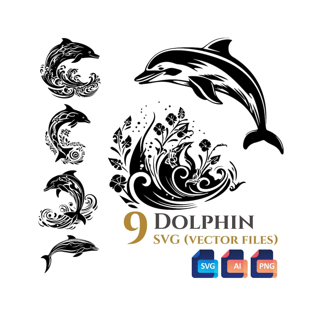 9 Dolphins Svg Vector Clipart Bundle, Transparent Background, Instant ...