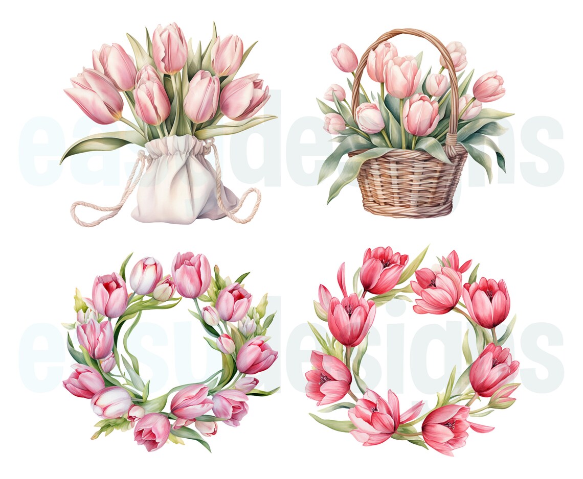 24 Tulip Flowers Watercolor Clipart Bundle Transparent - Etsy