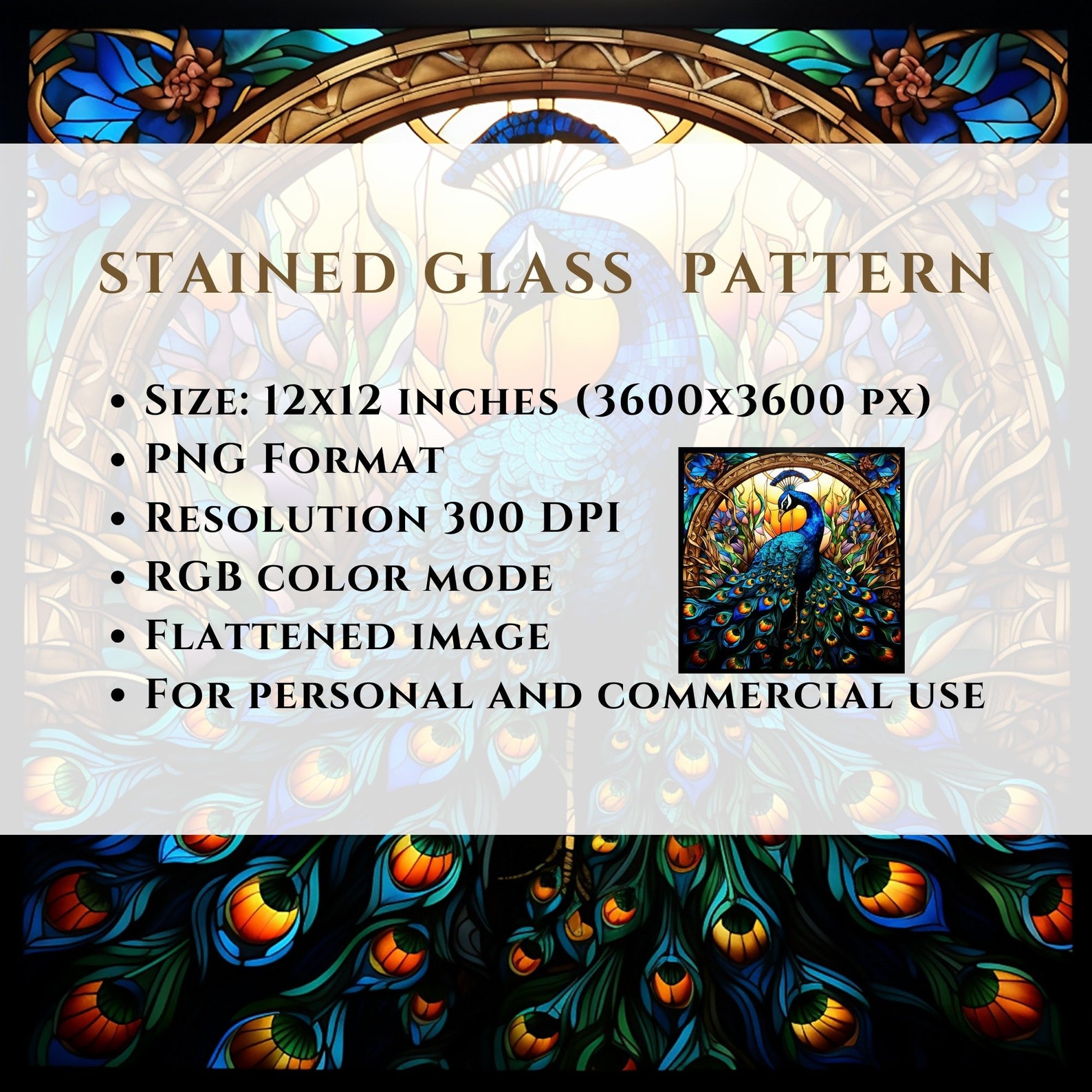 Peacock Stained Glass Pattern, Sublimation Designs, Stained Glass PNG ...