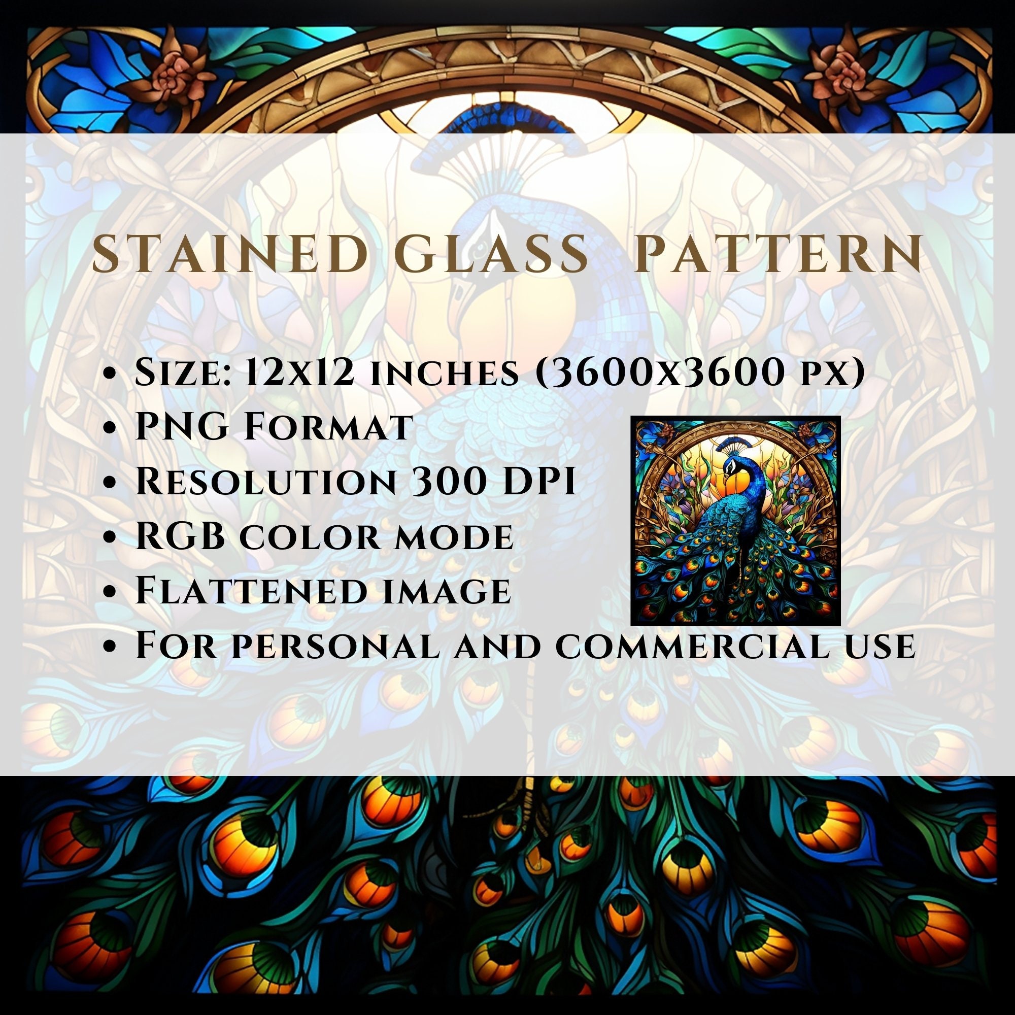 Peacock Stained Glass Pattern, Sublimation Designs, Stained Glass PNG ...