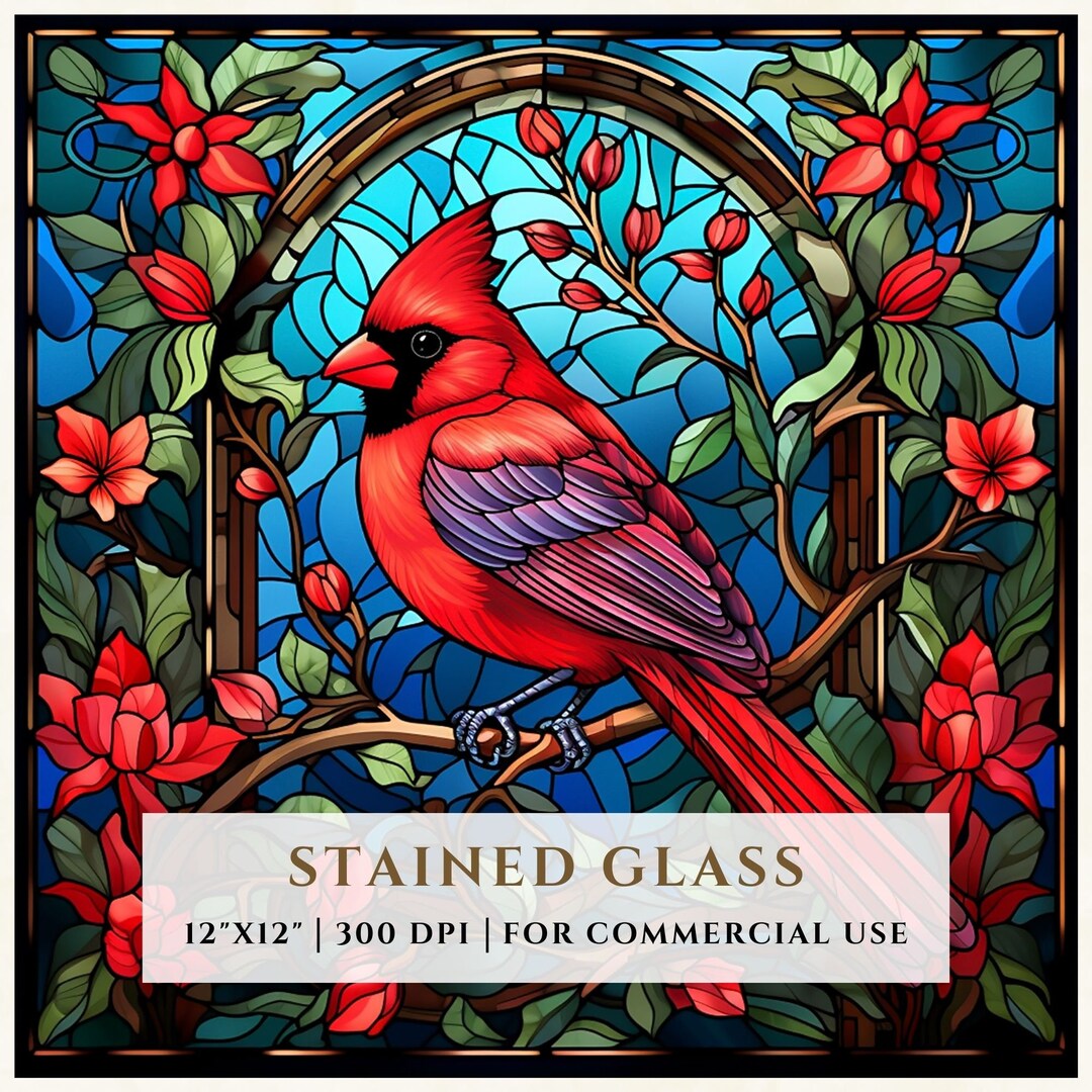Red Cardinal Bird Stained Glass Pattern, Sublimation Designs, Stained ...