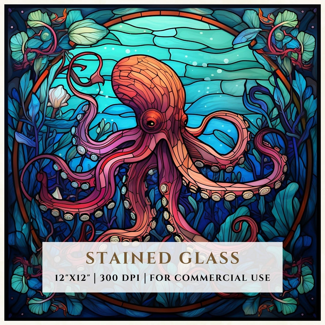Octopus Stained Glass Pattern, Sublimation Designs, Stained Glass PNG ...