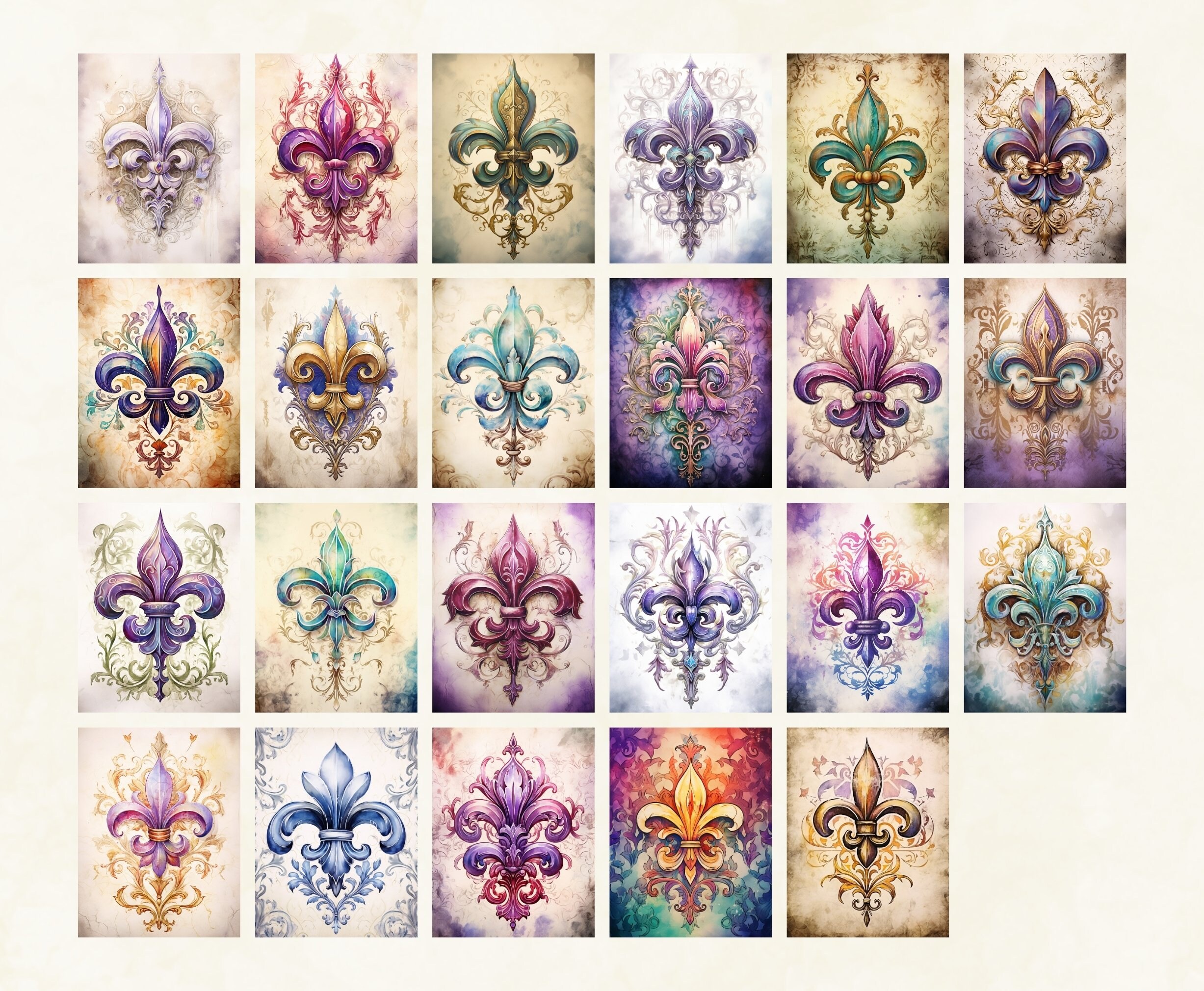 23 Fleur-de-lis Motifs Printable Digital Paper Bundle, Watercolor ...