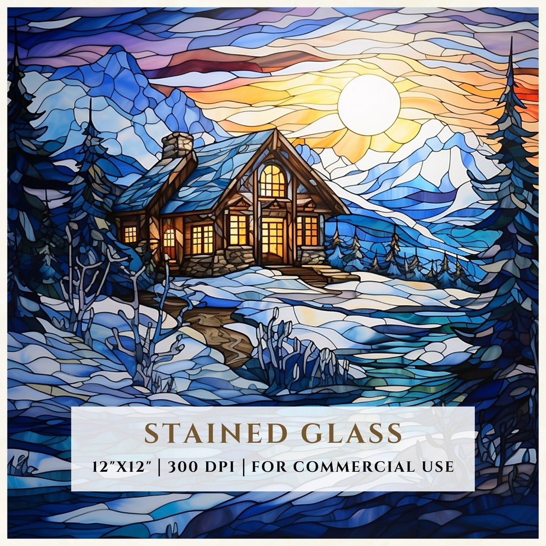 Winter Cabin Stained Glass Pattern, Sublimation Designs, Stained Glass ...