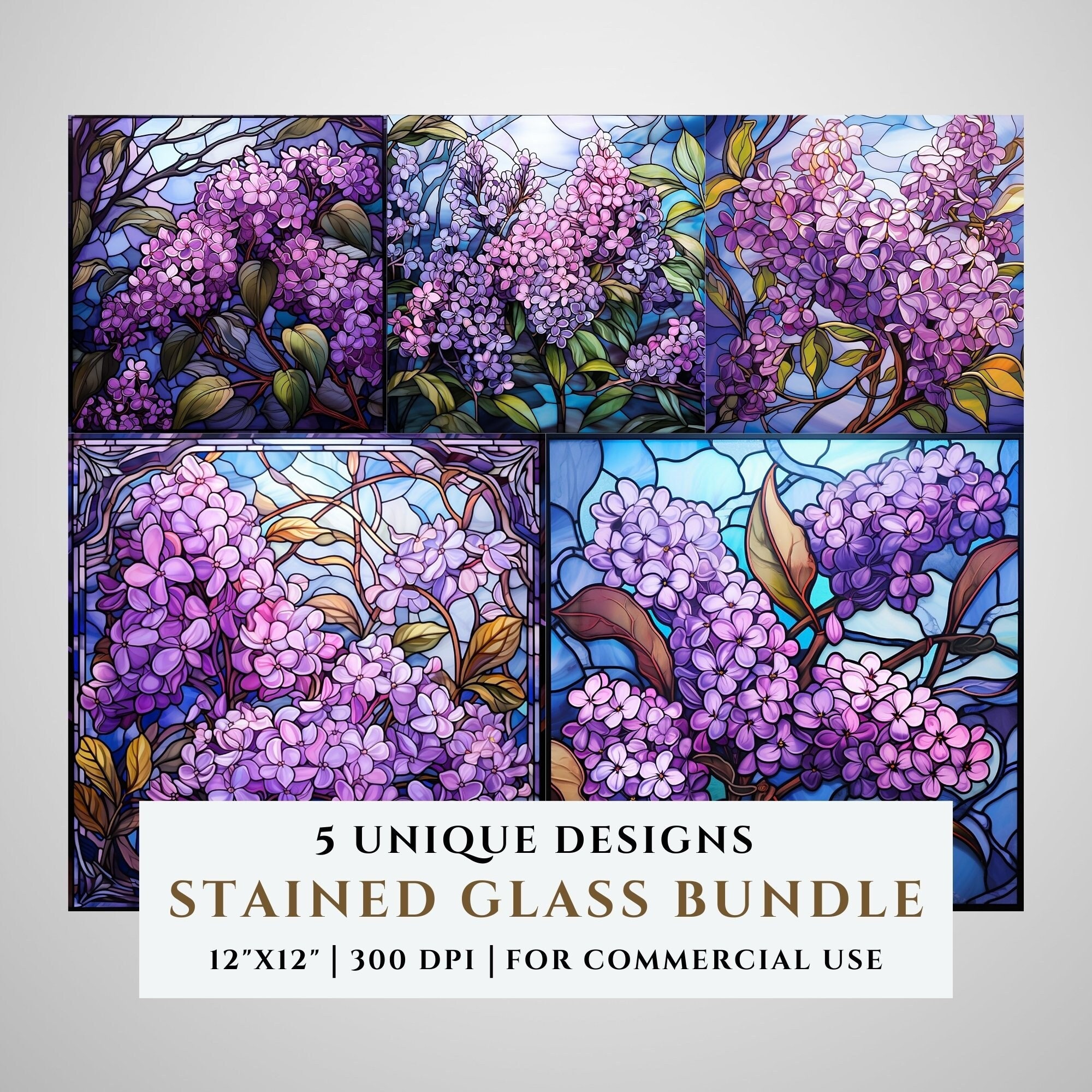 5 Lilac Stained Glass Pattern Bundle, Sublimation Designs, Stained ...