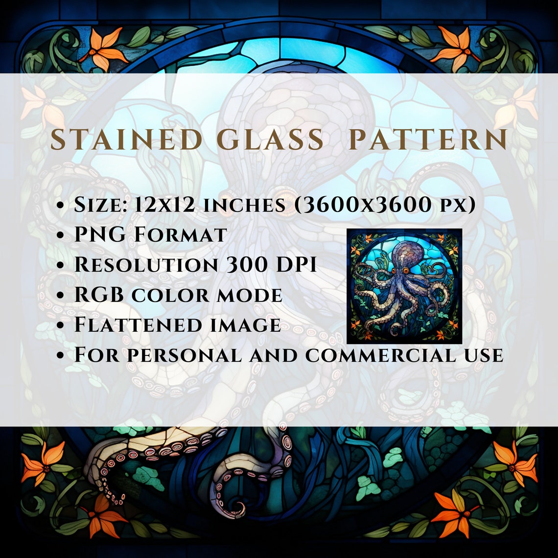 Octopus Stained Glass Pattern, Sublimation Designs, Stained Glass PNG ...