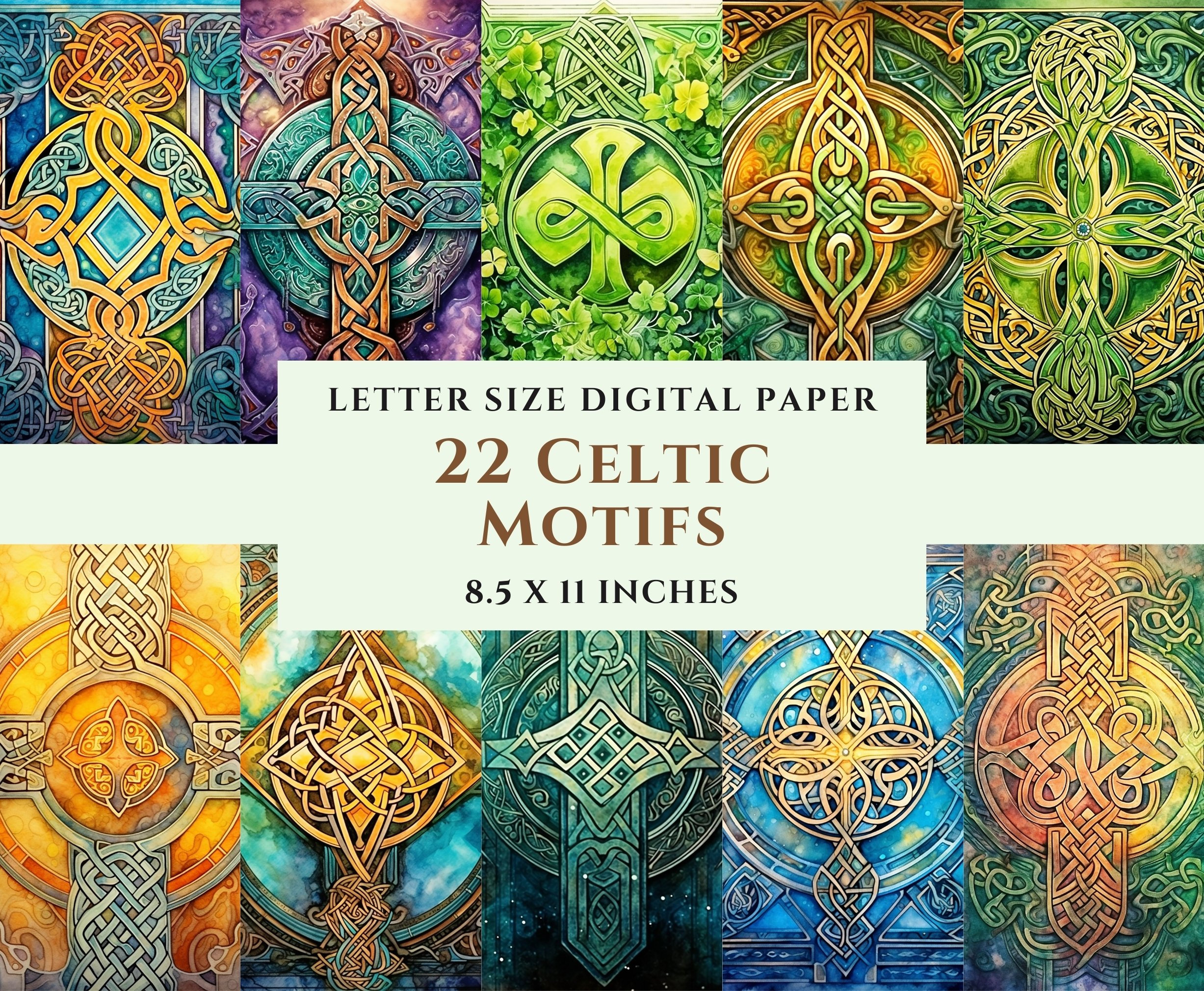 22 Celtic Motifs Printable Digital Paper Bundle, Watercolor, Commercial ...