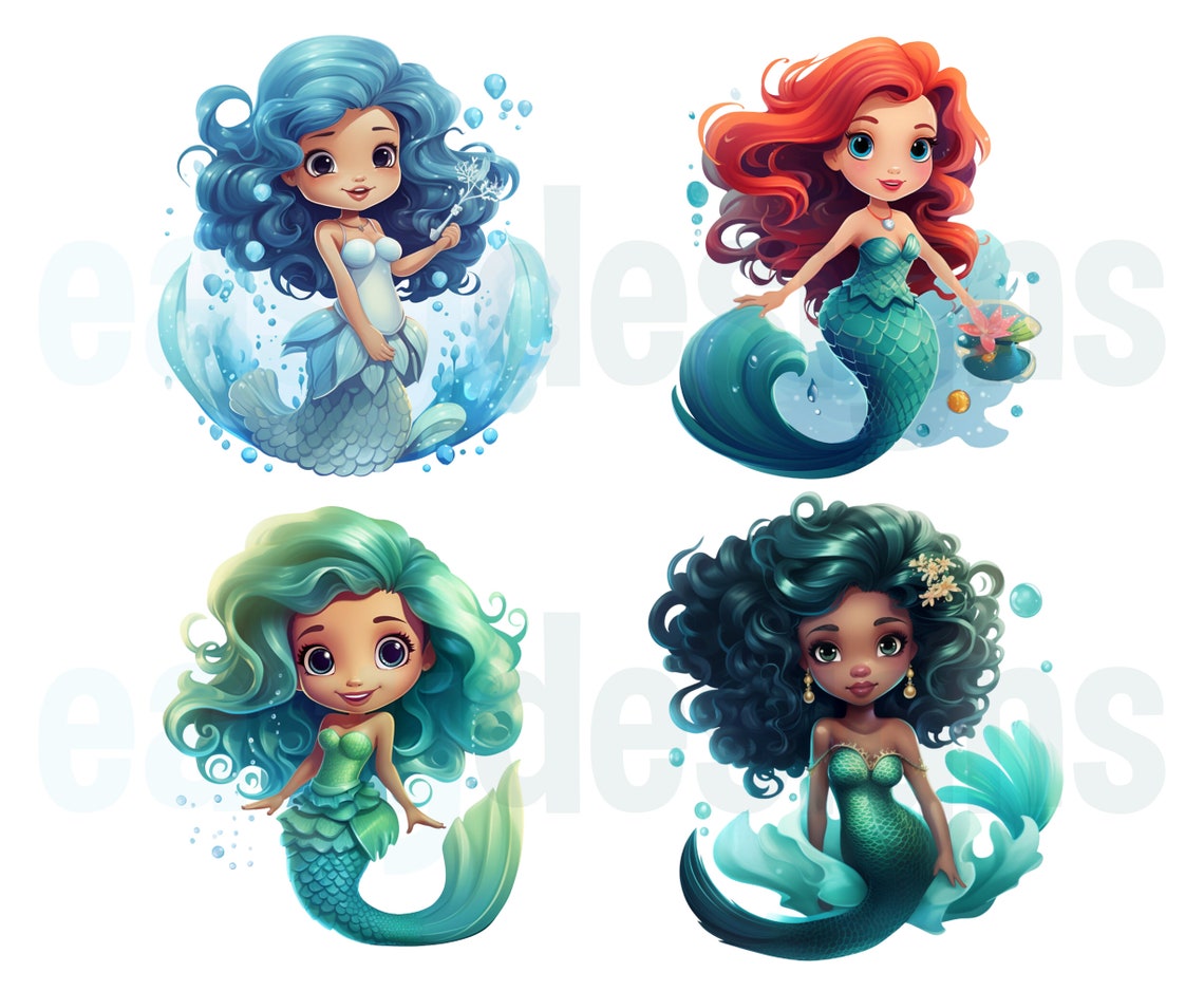 16 Cute Mermaids Clipart Bundle, Fantasy Art, Transparent Background ...