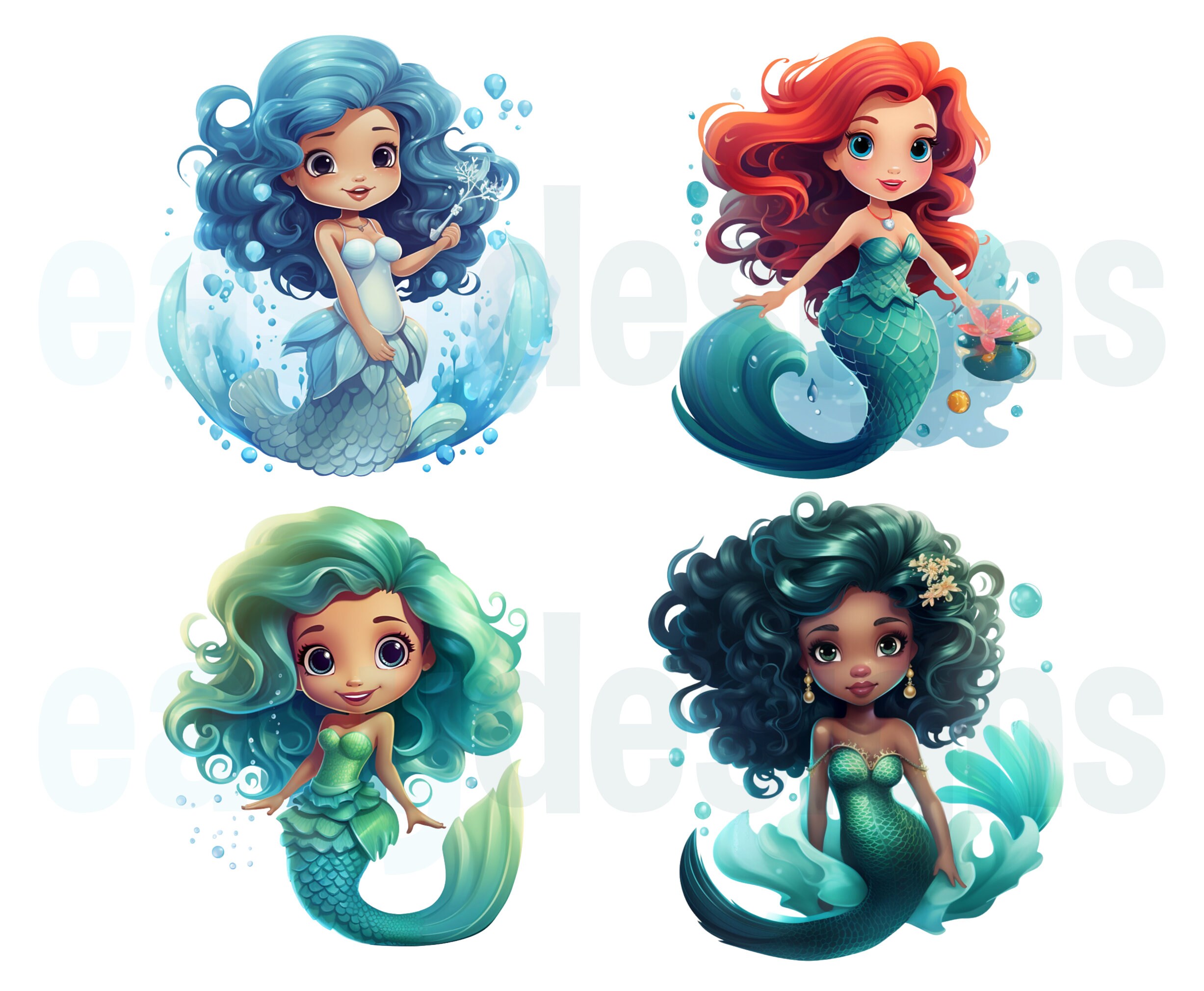 16 Cute Mermaids Clipart Bundle, Fantasy Art, Transparent Background ...