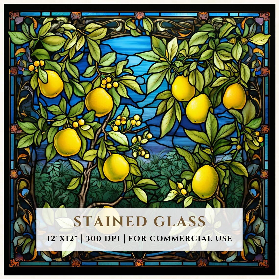 Lemon Stained Glass Pattern, Sublimation Designs, Stained Glass PNG ...