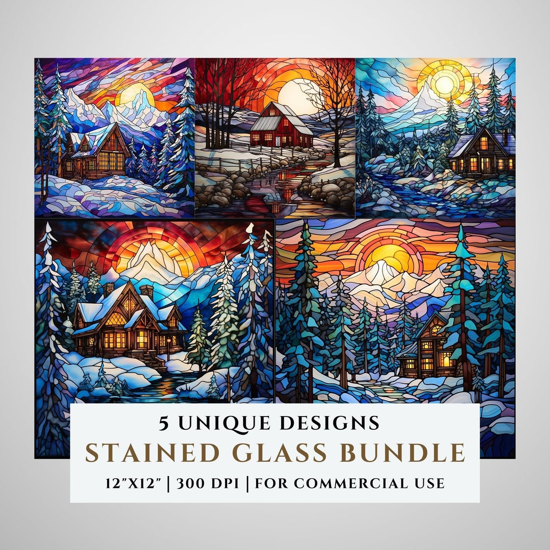 5 Winter Cabin Stained Glass Pattern Bundle, Sublimation Designs ...