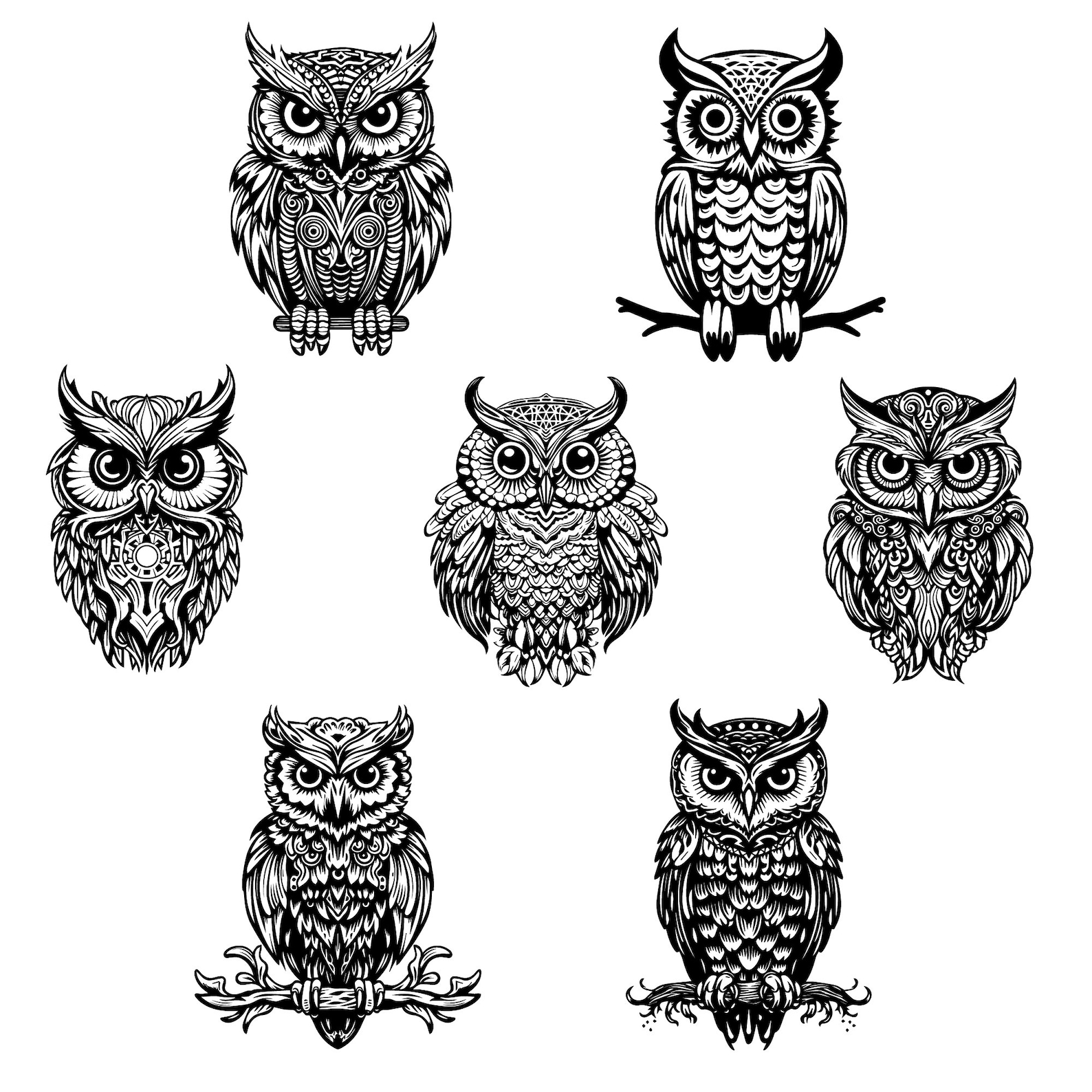 7 Owl Svg Vector Clipart Bundle, Transparent Background, Instant ...