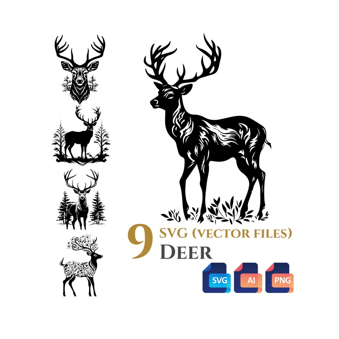 9 Deer Svg Vector Clipart Bundle, Transparent Background, Instant ...