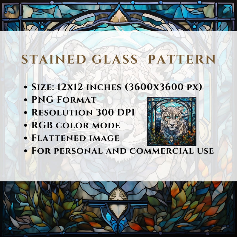 Snow Leopard Stained Glass Pattern, Sublimation Designs, Stained Glass ...