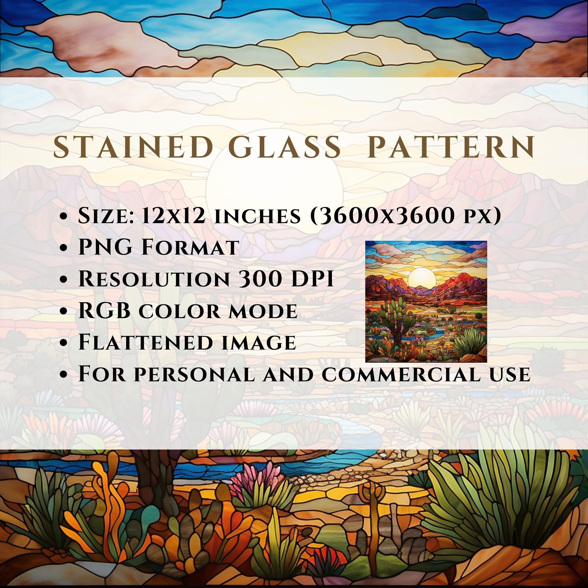 Desert Landscape Stained Glass Pattern, Sublimation Designs, Stained ...
